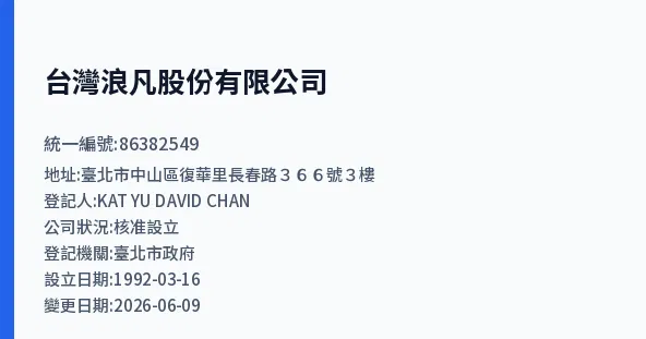 台灣浪凡股份有限公司的照片-統編 86382549(臺北市) 公司登記資料與營業項目詳細圖表