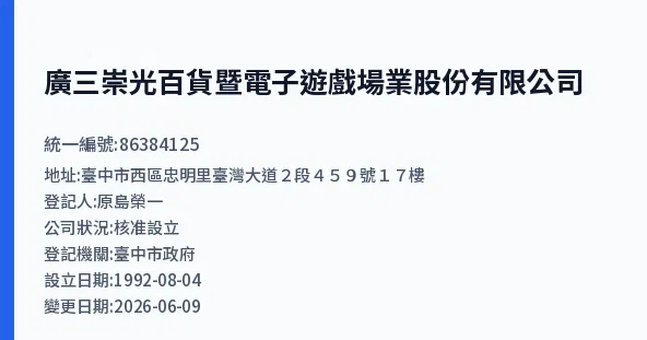 廣三崇光百貨暨電子遊戲場業股份有限公司的照片-統編 86384125(臺中市) 公司登記資料與營業項目詳細圖表