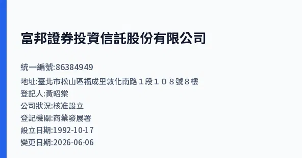 富邦證券投資信託股份有限公司的照片-統編 86384949(臺北市) 公司登記資料與營業項目詳細圖表