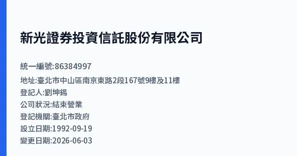 新光證券投資信託股份有限公司的照片-統編 86384997(臺北市) 公司登記資料與營業項目詳細圖表