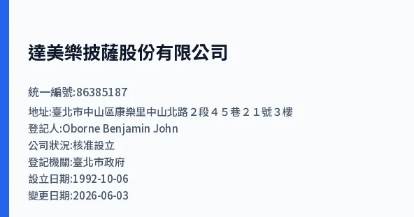 達美樂披薩股份有限公司的照片-統編 86385187(臺北市) 公司登記資料與營業項目詳細圖表