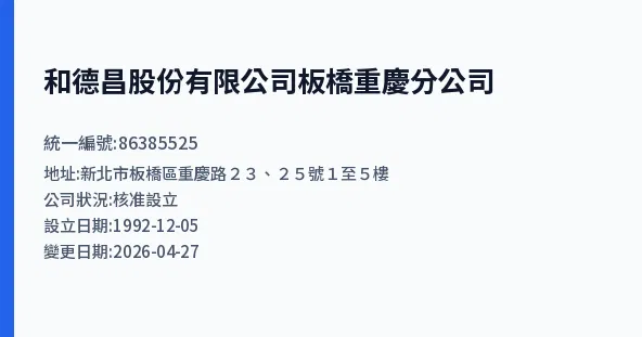 和德昌股份有限公司板橋重慶分公司的照片-統編 86385525(新北市) 公司登記資料與營業項目詳細圖表