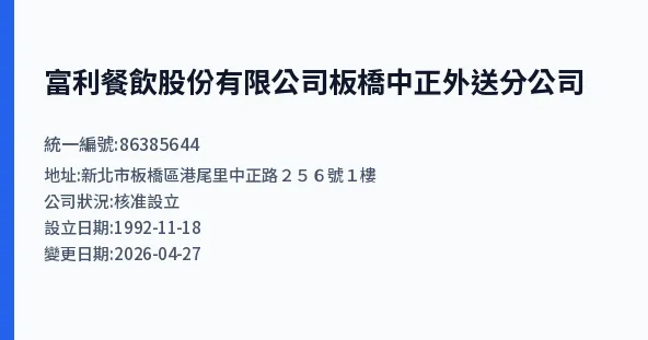 富利餐飲股份有限公司板橋中正外送分公司的照片-統編 86385644(新北市) 公司登記資料與營業項目詳細圖表