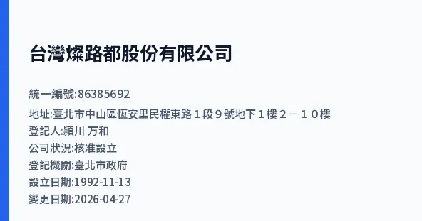 台灣燦路都股份有限公司的照片-統編 86385692(臺北市) 公司登記資料與營業項目詳細圖表