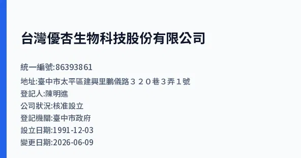 台灣優杏生物科技股份有限公司的照片-統編 86393861(臺中市) 公司登記資料與營業項目詳細圖表
