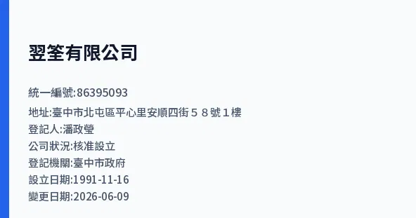 翌筌有限公司的照片-統編 86395093(臺中市) 公司登記資料與營業項目詳細圖表