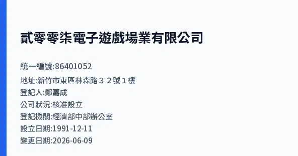 貳零零柒電子遊戲場業有限公司的照片-統編 86401052(新竹市) 公司登記資料與營業項目詳細圖表