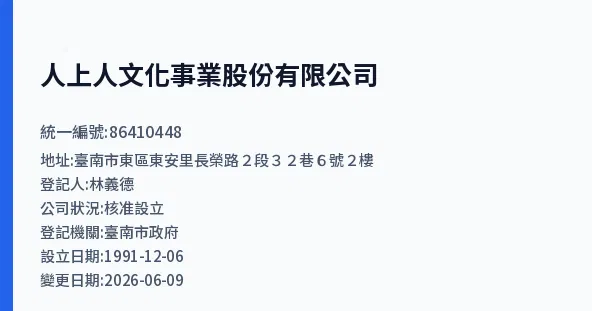 人上人文化事業股份有限公司的照片-統編 86410448(臺南市) 公司登記資料與營業項目詳細圖表