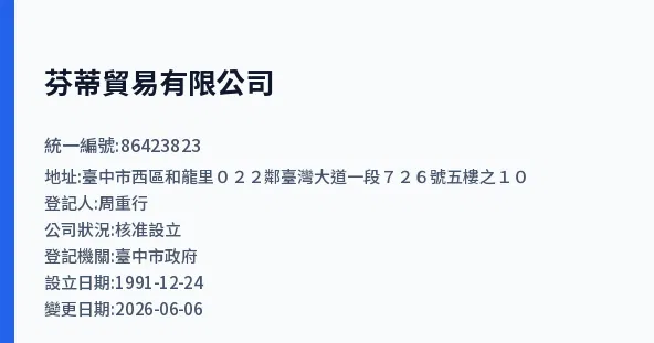 芬蒂貿易有限公司的照片-統編 86423823(臺中市) 公司登記資料與營業項目詳細圖表