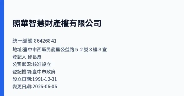 照華智慧財產權有限公司的照片-統編 86426841(臺中市) 公司登記資料與營業項目詳細圖表