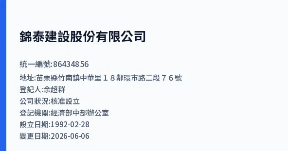 錦泰建設股份有限公司的照片-統編 86434856(苗栗縣) 公司登記資料與營業項目詳細圖表