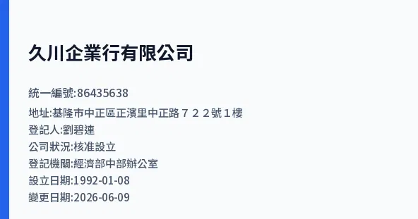 久川企業行有限公司的照片-統編 86435638(基隆市) 公司登記資料與營業項目詳細圖表