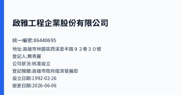 啟雅工程企業股份有限公司的照片-統編 86440695(高雄市) 公司登記資料與營業項目詳細圖表