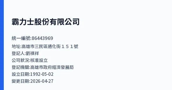 霸力士股份有限公司的照片-統編 86443969(高雄市) 公司登記資料與營業項目詳細圖表
