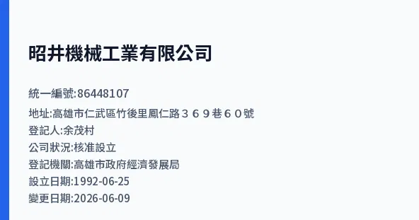 昭井機械工業有限公司的照片-統編 86448107(高雄市) 公司登記資料與營業項目詳細圖表