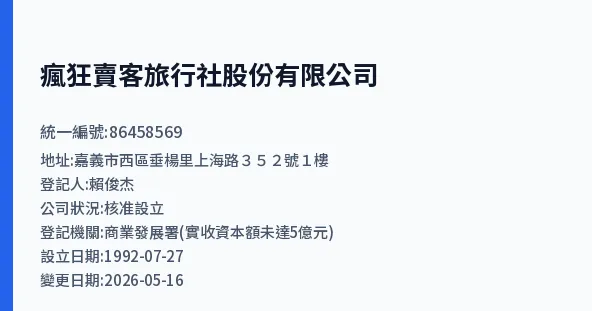瘋狂賣客旅行社股份有限公司的照片-統編 86458569(嘉義市) 公司登記資料與營業項目詳細圖表