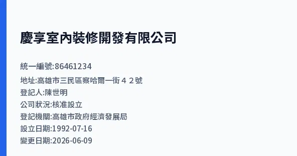 慶享室內裝修開發有限公司的照片-統編 86461234(高雄市) 公司登記資料與營業項目詳細圖表