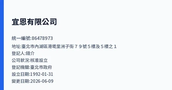 宜恩有限公司的照片-統編 86478973(臺北市) 公司登記資料與營業項目詳細圖表