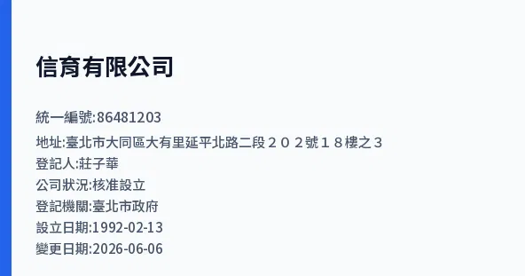 信育有限公司的照片-統編 86481203(臺北市) 公司登記資料與營業項目詳細圖表