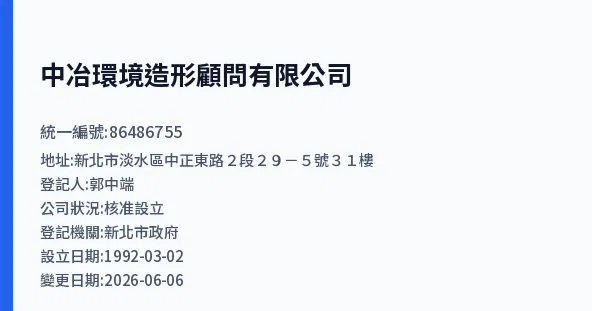 中冶環境造形顧問有限公司的照片-統編 86486755(新北市) 公司登記資料與營業項目詳細圖表