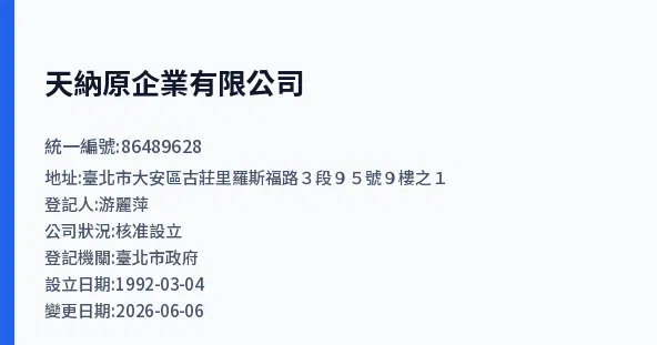 天納原企業有限公司的照片-統編 86489628(臺北市) 公司登記資料與營業項目詳細圖表