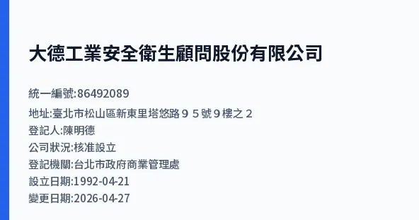 大德工業安全衛生顧問股份有限公司的照片-統編 86492089(臺北市) 公司登記資料與營業項目詳細圖表