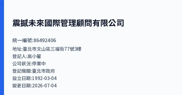震撼未來國際管理顧問有限公司的照片-統編 86492406(臺北市) 公司登記資料與營業項目詳細圖表