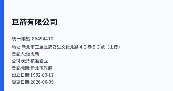 巨箭有限公司的照片-統編 86494410(新北市) 公司登記資料與營業項目詳細圖表