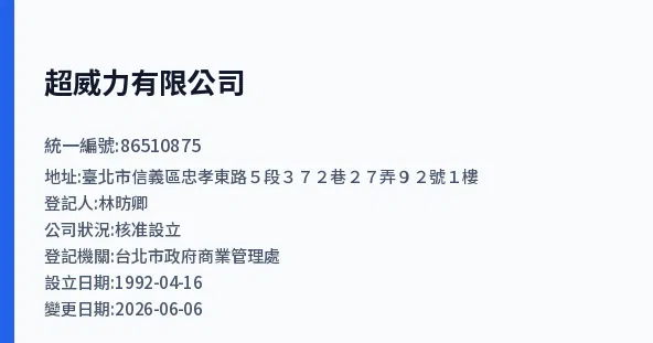 超威力有限公司的照片-統編 86510875(臺北市) 公司登記資料與營業項目詳細圖表