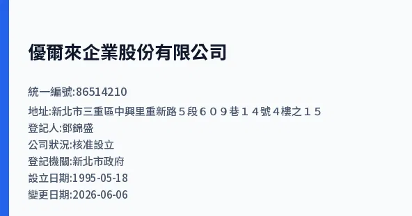 優爾來企業股份有限公司的照片-統編 86514210(新北市) 公司登記資料與營業項目詳細圖表