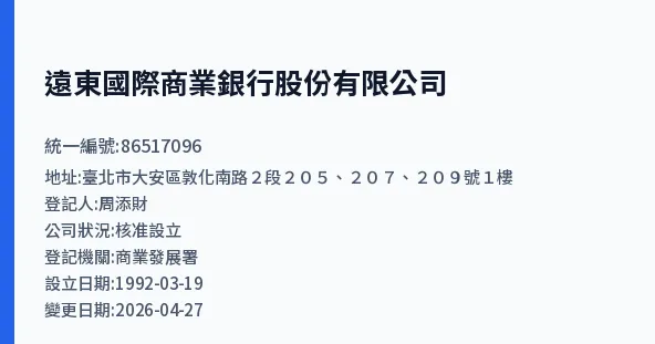 遠東國際商業銀行股份有限公司的照片-統編 86517096(臺北市) 公司登記資料與營業項目詳細圖表