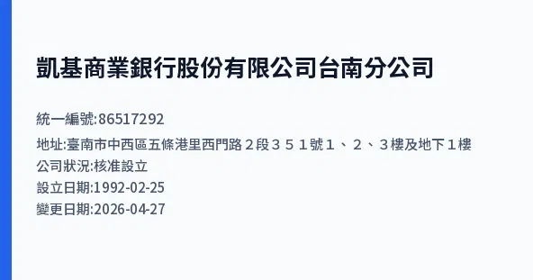 凱基商業銀行股份有限公司台南分公司的照片-統編 86517292(臺南市) 公司登記資料與營業項目詳細圖表