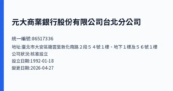 元大商業銀行股份有限公司台北分公司的照片-統編 86517336(臺北市) 公司登記資料與營業項目詳細圖表