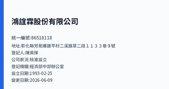鴻誼霖股份有限公司的照片-統編 86518118(彰化縣) 公司登記資料與營業項目詳細圖表