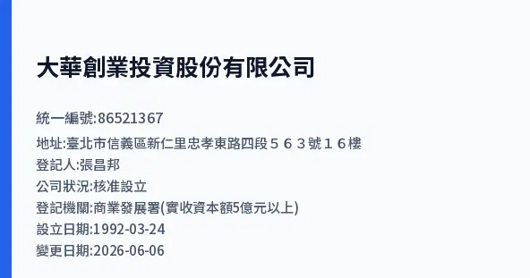 大華創業投資股份有限公司的照片-統編 86521367(臺北市) 公司登記資料與營業項目詳細圖表