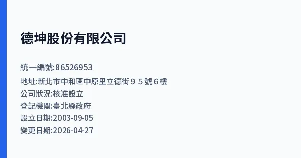 德坤股份有限公司的照片-統編 86526953(新北市) 公司登記資料與營業項目詳細圖表