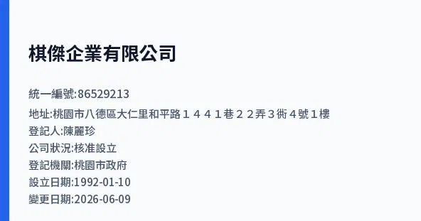棋傑企業有限公司的照片-統編 86529213(桃園市) 公司登記資料與營業項目詳細圖表