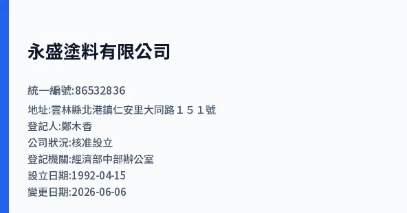 永盛塗料有限公司的照片-統編 86532836(雲林縣) 公司登記資料與營業項目詳細圖表