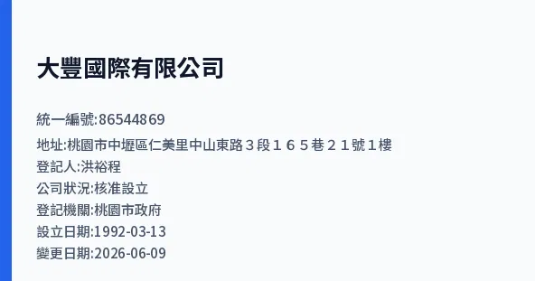 大豐國際有限公司的照片-統編 86544869(桃園市) 公司登記資料與營業項目詳細圖表