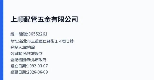 上順配管五金有限公司的照片-統編 86552261(新北市) 公司登記資料與營業項目詳細圖表