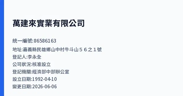 萬建來實業有限公司的照片-統編 86586163(嘉義縣) 公司登記資料與營業項目詳細圖表