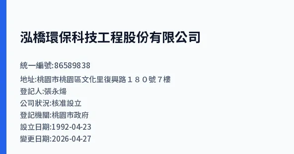 泓橋環保科技工程股份有限公司的照片-統編 86589838(桃園市) 公司登記資料與營業項目詳細圖表