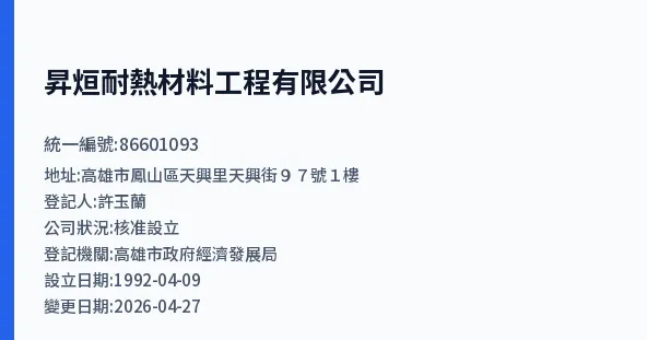 昇烜耐熱材料工程有限公司的照片-統編 86601093(高雄市) 公司登記資料與營業項目詳細圖表