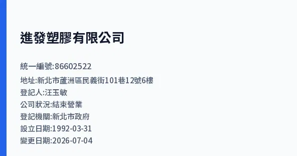進發塑膠有限公司的照片-統編 86602522(新北市) 公司登記資料與營業項目詳細圖表
