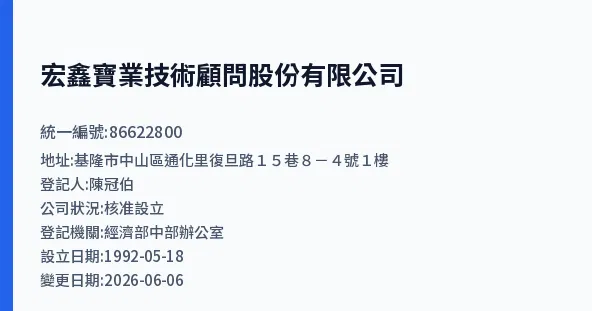 宏鑫寶業技術顧問股份有限公司的照片-統編 86622800(基隆市) 公司登記資料與營業項目詳細圖表
