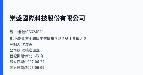 崇盛國際科技股份有限公司的照片-統編 86624011(新北市) 公司登記資料與營業項目詳細圖表