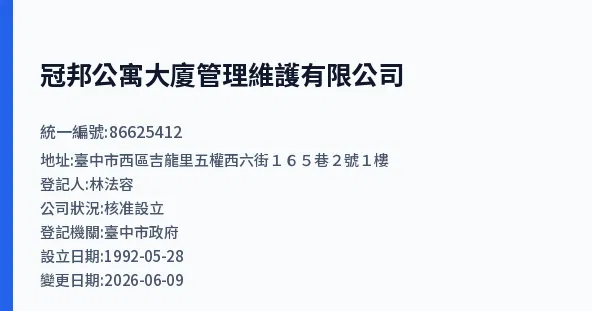 冠邦公寓大廈管理維護有限公司的照片-統編 86625412(臺中市) 公司登記資料與營業項目詳細圖表