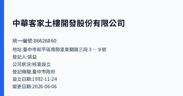 中華客家土樓開發股份有限公司的照片-統編 86626860(臺中市) 公司登記資料與營業項目詳細圖表