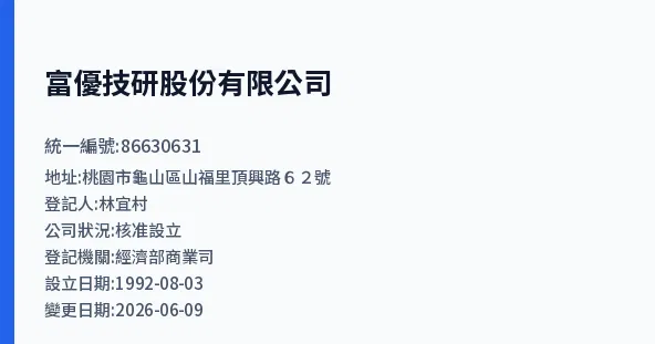 富優技研股份有限公司的照片-統編 86630631(桃園市) 公司登記資料與營業項目詳細圖表