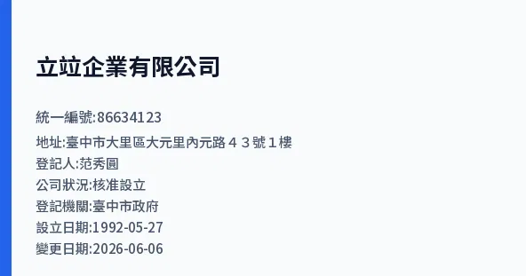 立竝企業有限公司的照片-統編 86634123(臺中市) 公司登記資料與營業項目詳細圖表